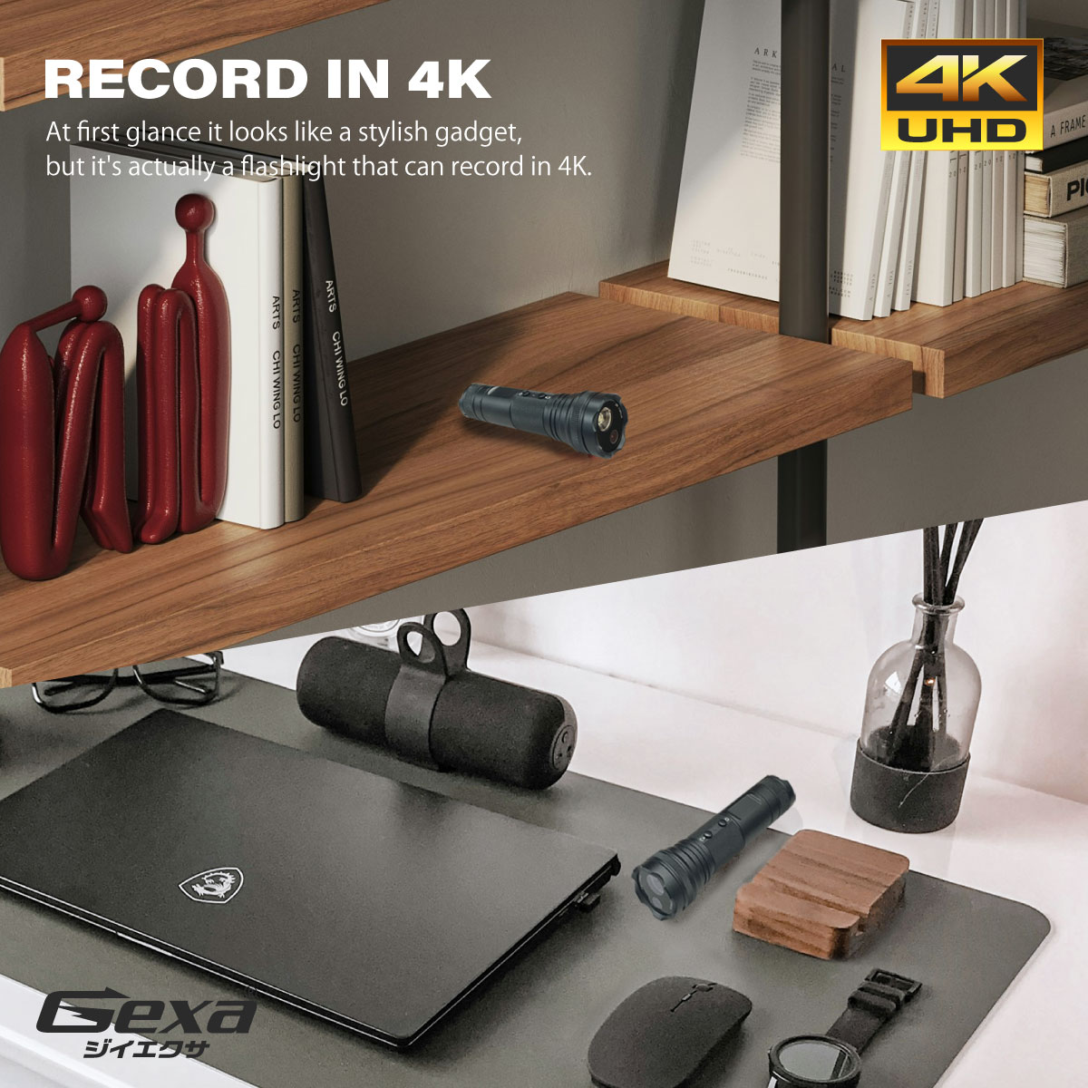 Gexa(ジイエクサ) スパイカメラ 4K フラッシュライト型ビデオカメラ 小型カメラ [GX-304] 防犯カメラ H.265 超広角120度 フラッシュライト 256GB対応